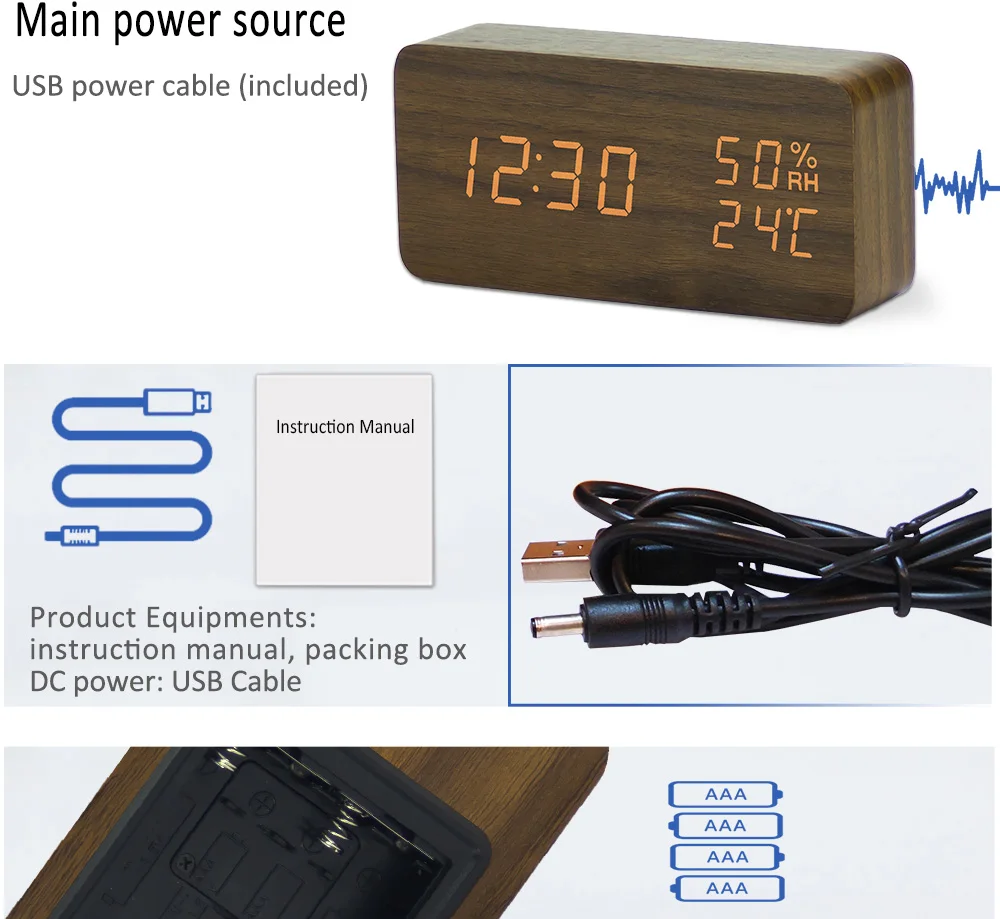 Rectangular Voice-activated Digital LED Wooden Alarm Clock with Desktop ...