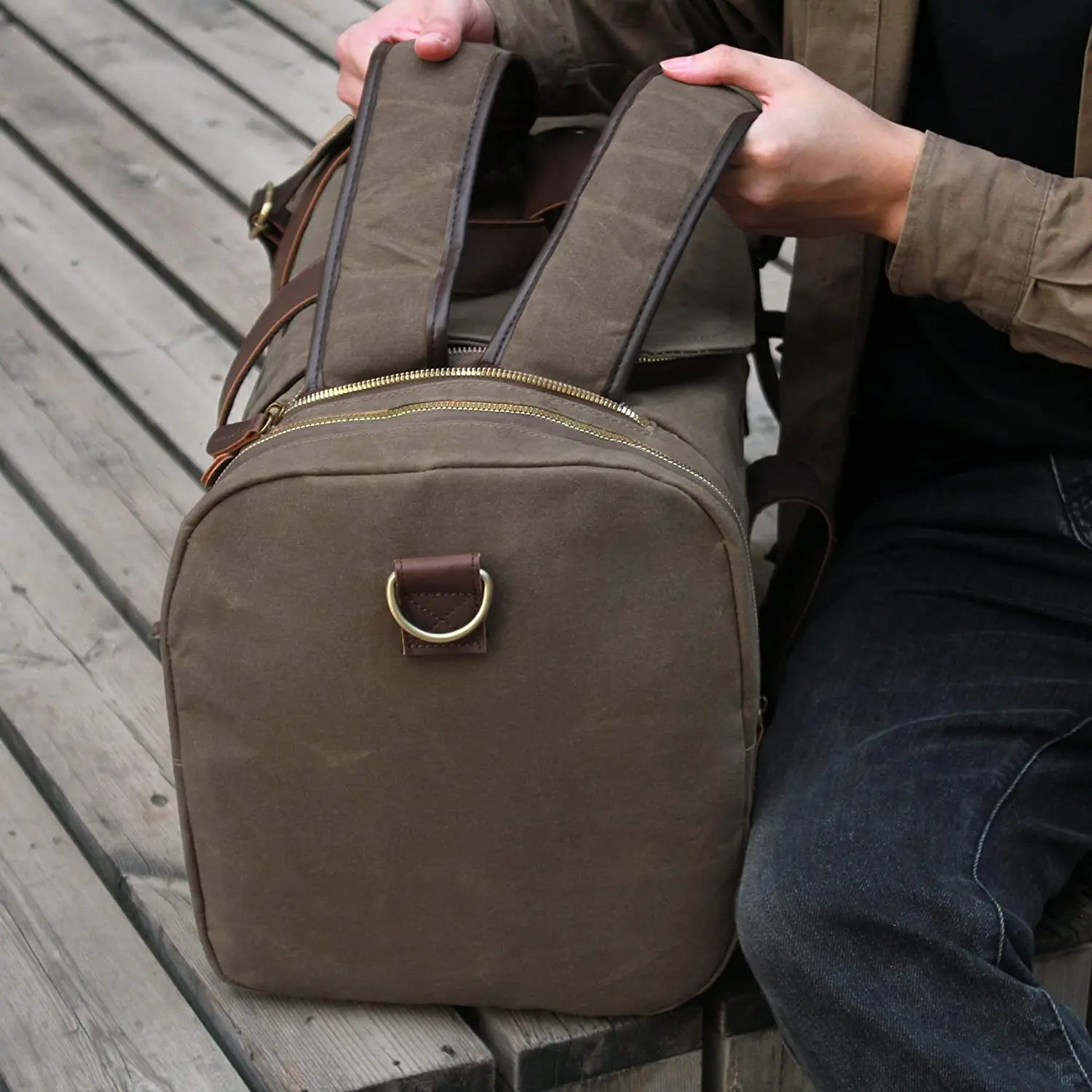 Waxed Canvas Travel Duffel Bag Vintage Genuine Leather Travel Handbag ...