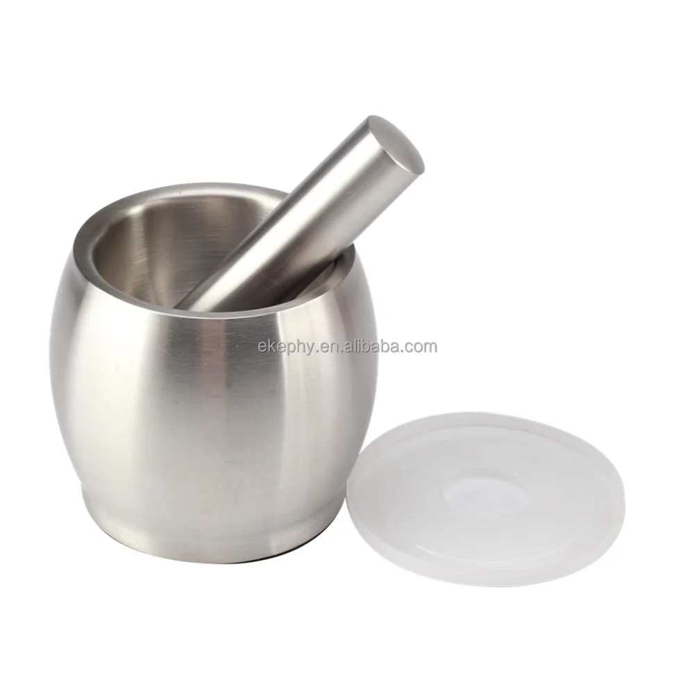 Double Wall Mortar And Pestle Sets 18/8 Brushed Stainless Steel Spice ...