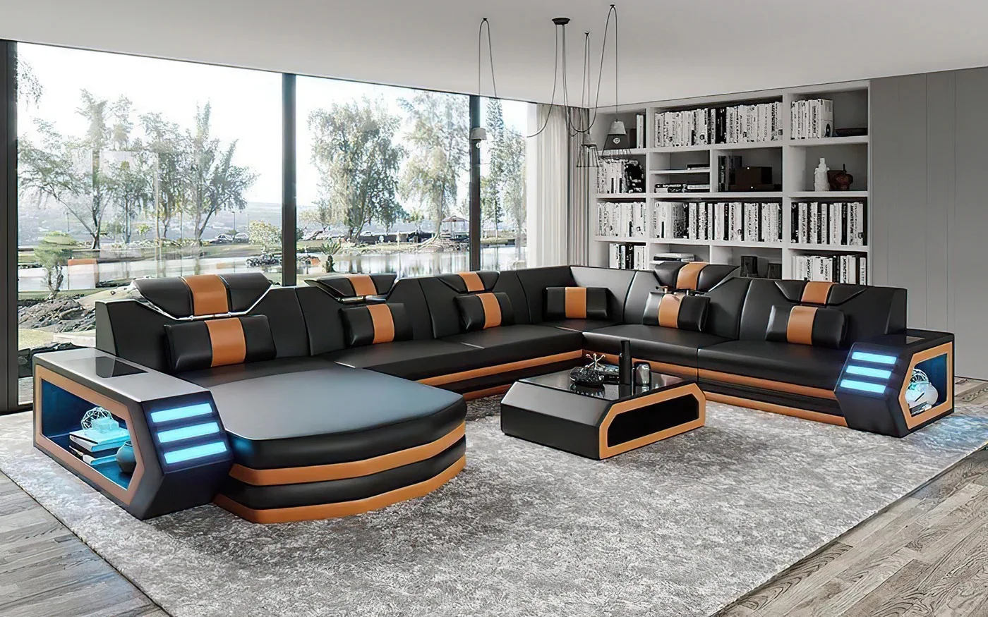Luxury Leather Sofa with LED Light Music Player for Living Room