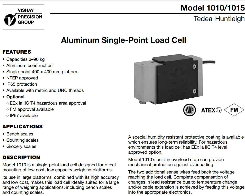 Tedea Huntleigh 1010 50kg Single Point Load Cell Can Be Installed ...