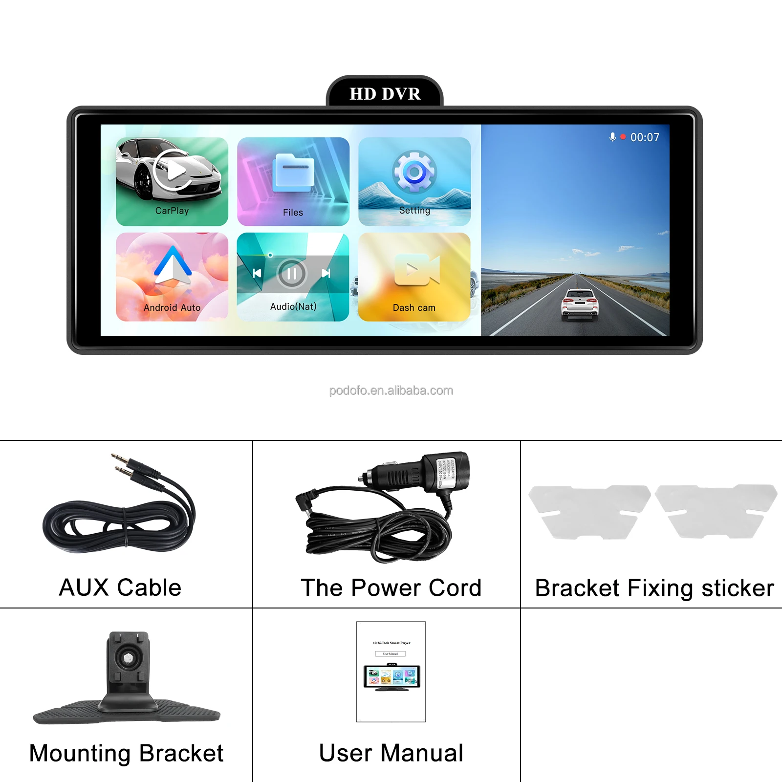 Podofo 10.26'' Portable Carplay with ADAS Dashcam - Smart & Safe