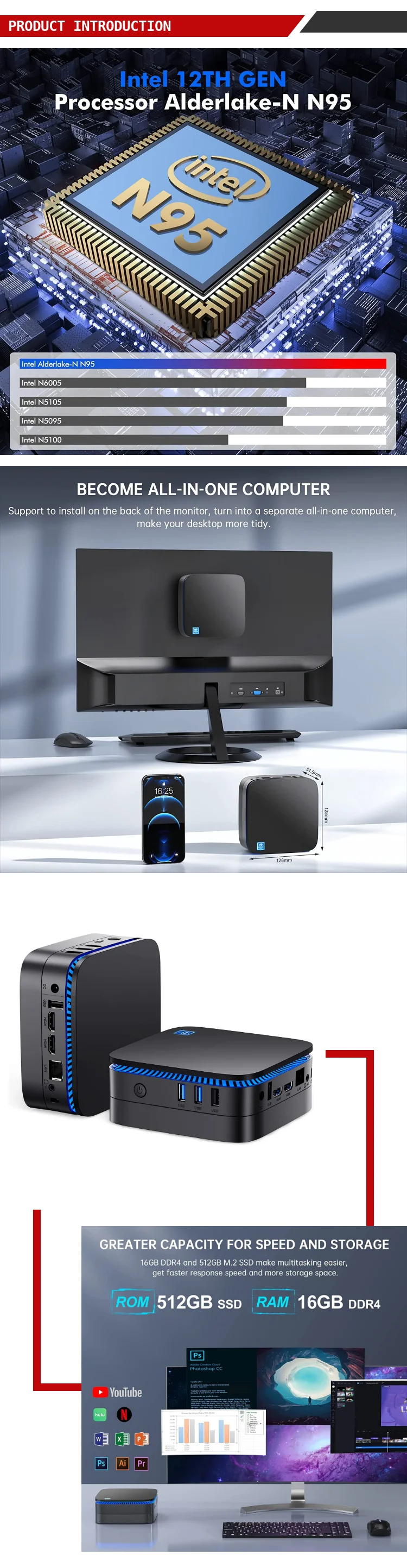 Cyx New Intel Processor Alder Lake N95 Win11 Mini Pc 8gb Ddr4 256gb Ssd ...