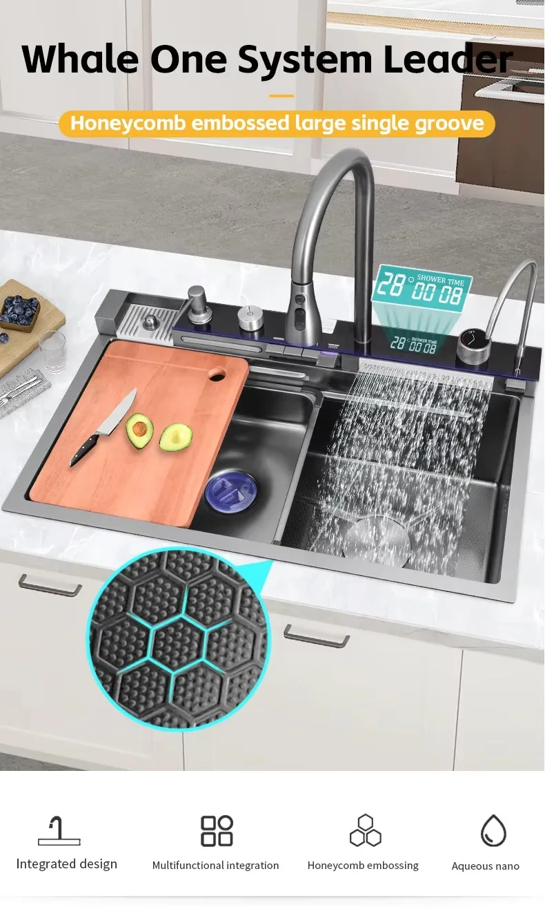 Luxury Countertop Smart Digital Kitchen Sink Set 304 Stainless Steel