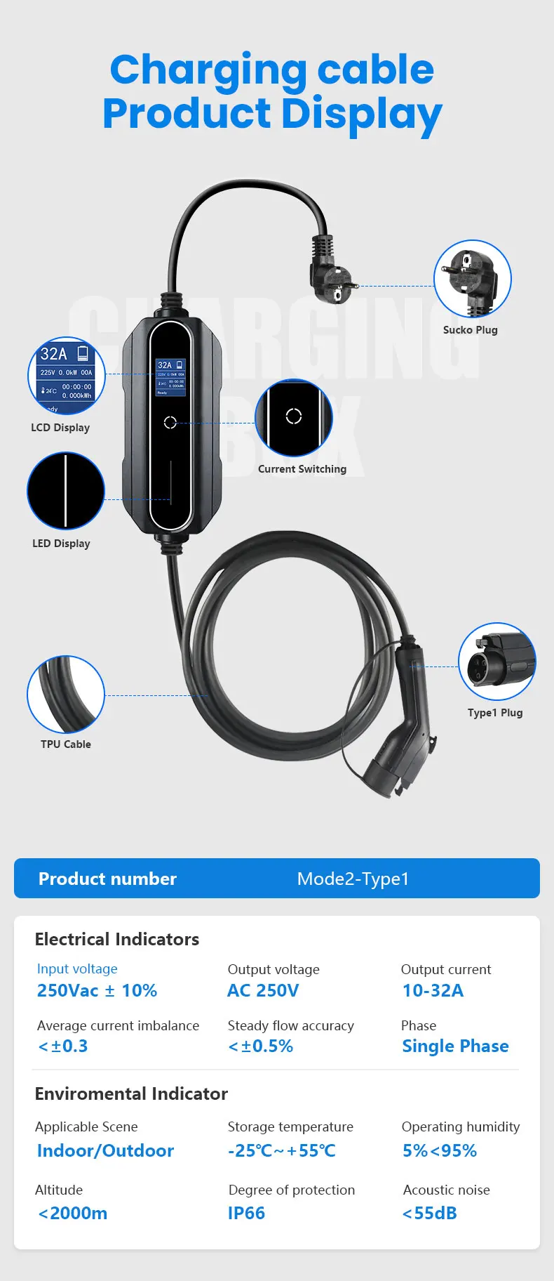 Type 1 Portable Ev Charger Current Switching 32a Electric Car Charger ...