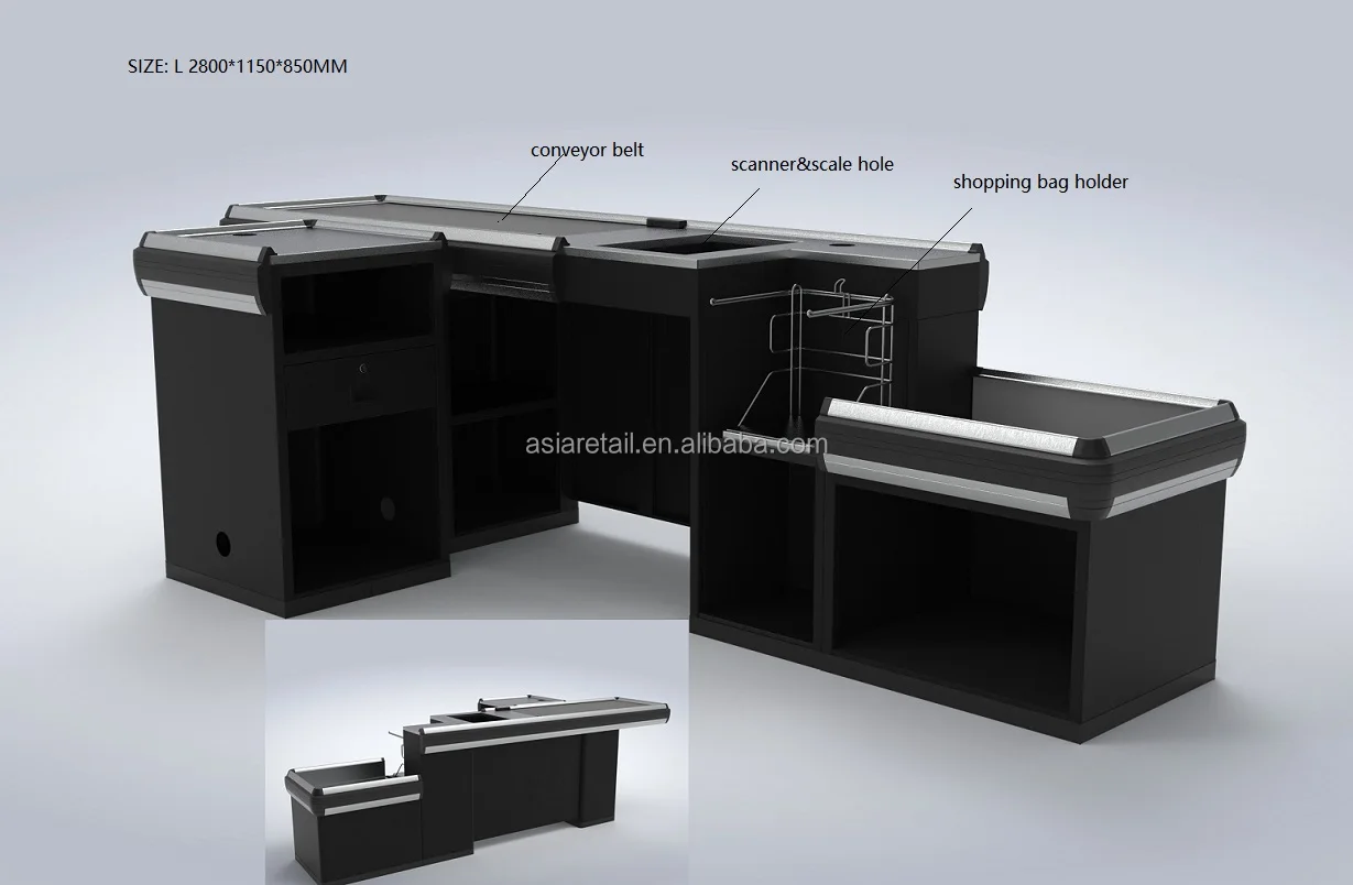 Supermarket Design Retail Cashier Counter Table with Conveyor Belt for Sale