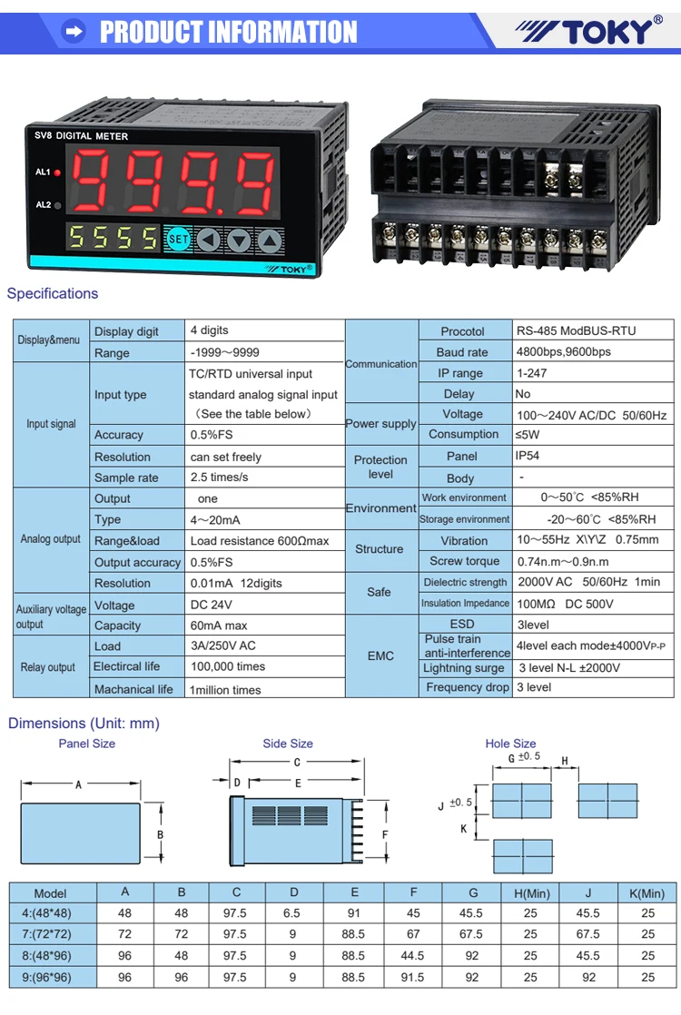 TOKY TC RTD Analog Signal Input 2 Programable Alarm Relay Output Pressure Measurement Sensor ...