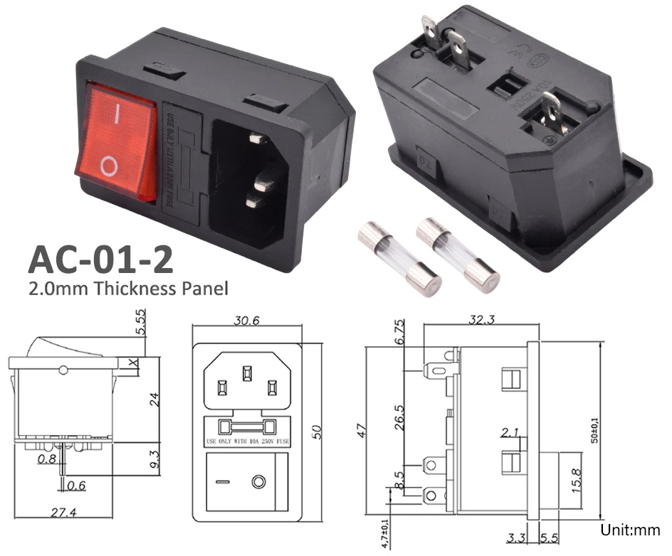 IEC320 3 Pin C13 C14 Rewireable Electrical Panel Mount Switch
