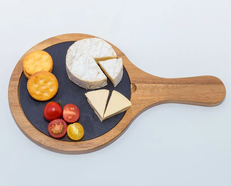 2-tier Natural Slate Buffet Server With Foldable Acacia Wooden Frame ...