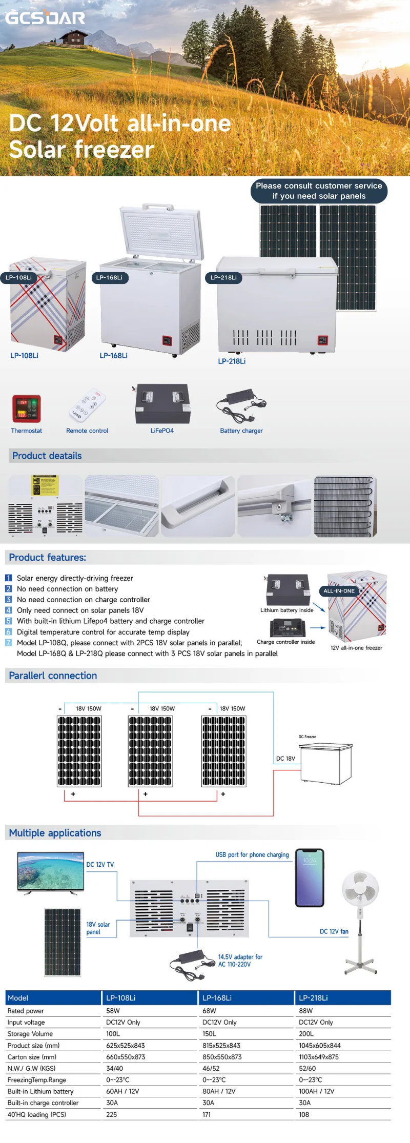 GCSOAR 100L DC Solar Fridge with Lithium Battery & PWM Controller