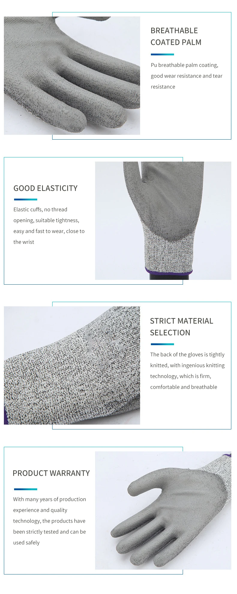 HPPE En388 CE Professional Work Gloves Level 5 Anti-Cut Cut Resistant and Safety Proof PU ...