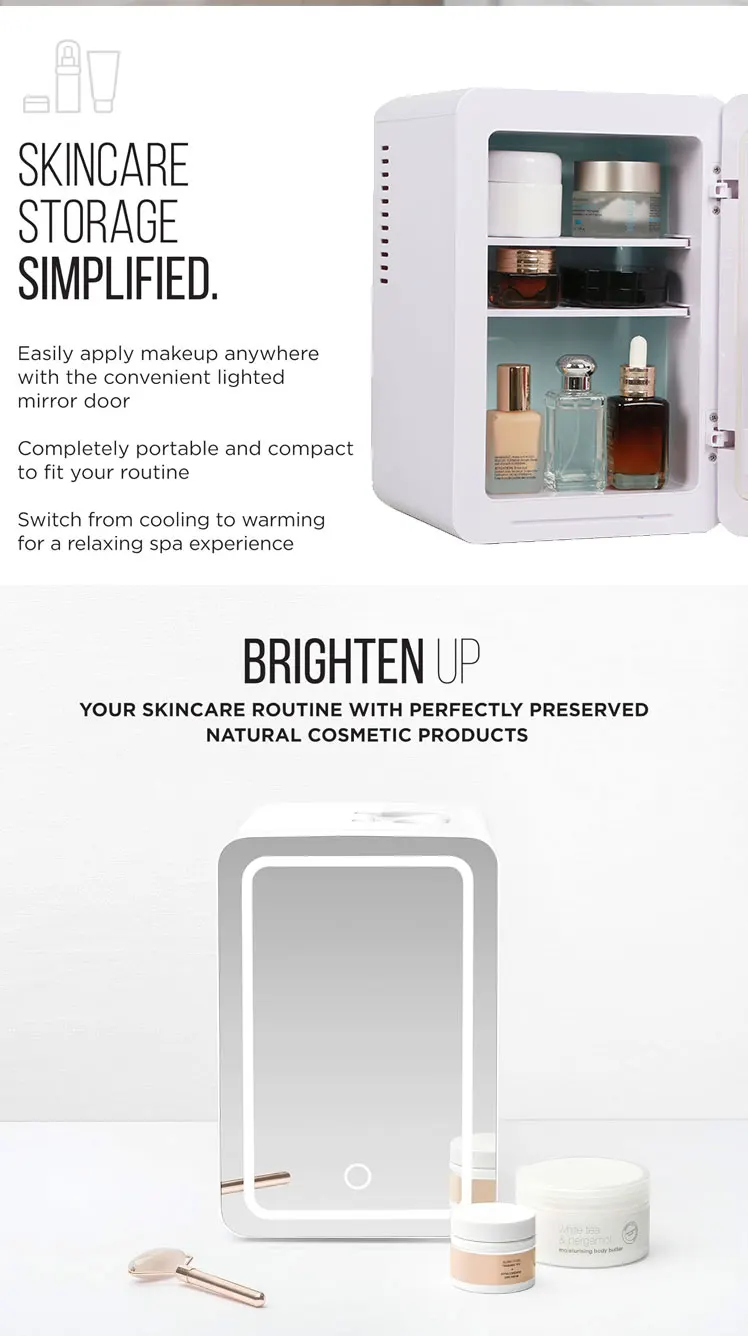 Portable 6L Mini Fridge Mirror Door LED Lighting Cooling Heating PP PU ...