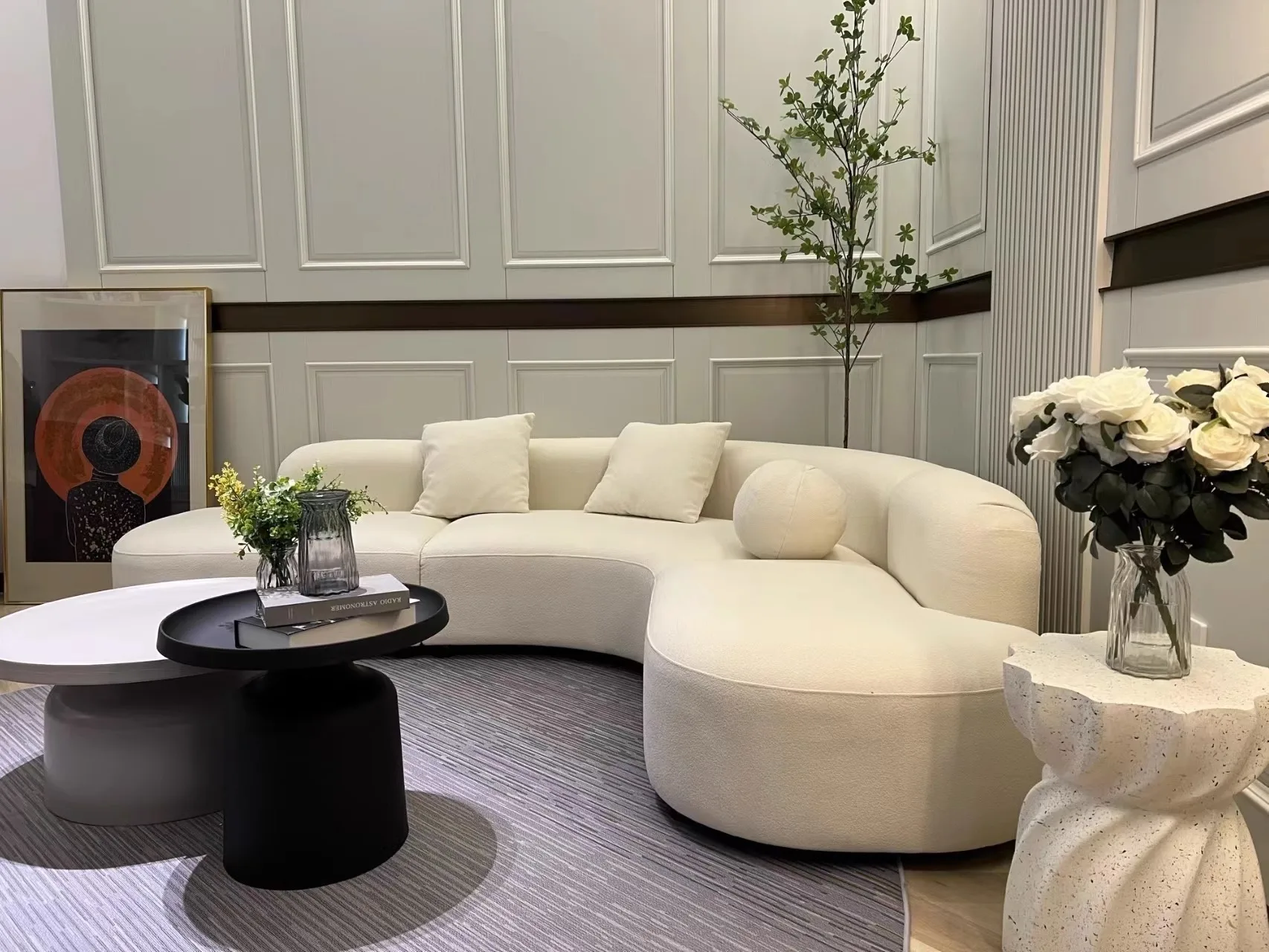 Modern Curved Sofa Set Furniture Fabric Round White Living Room Sofa ...