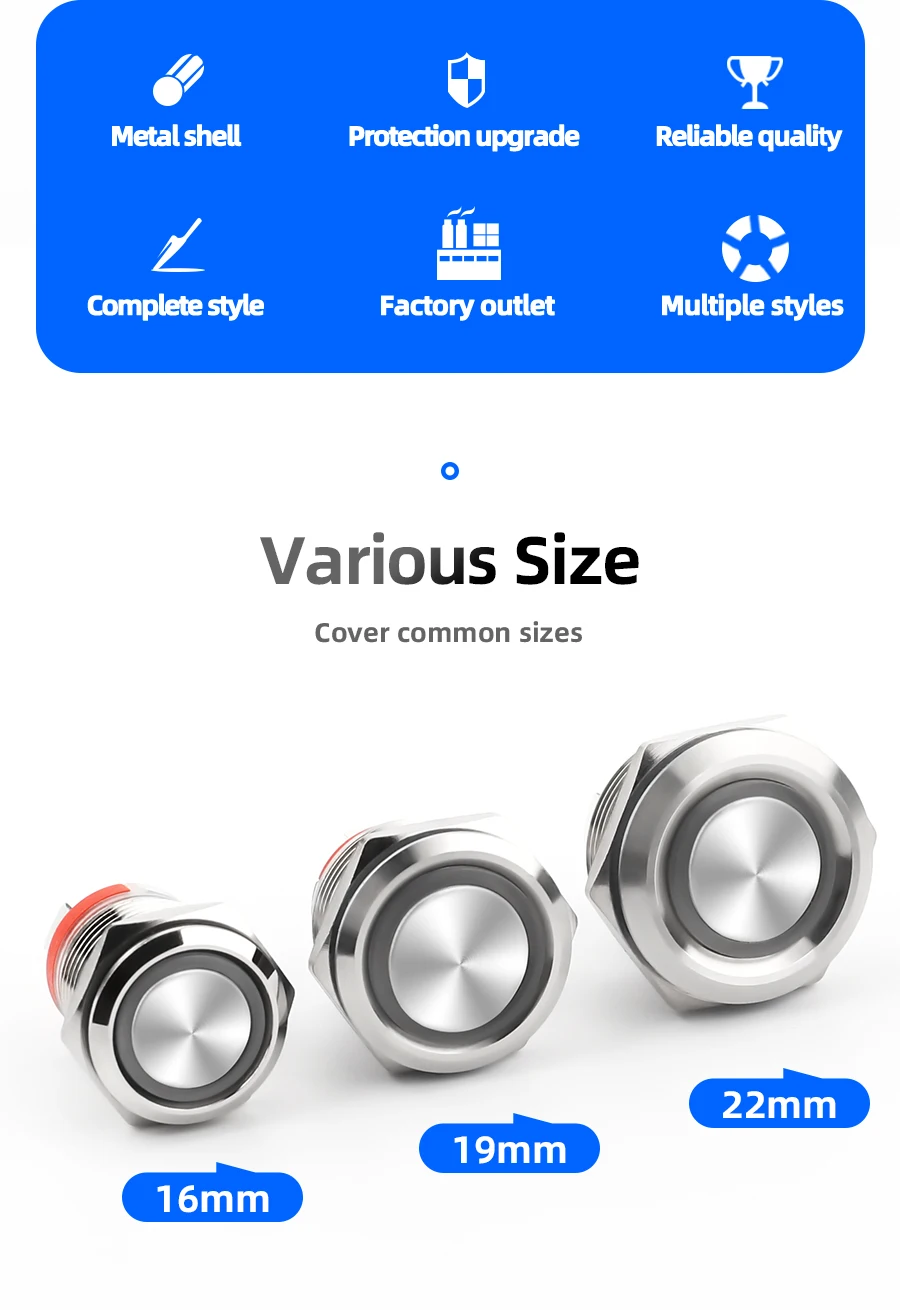 High Quality 16/19/22mm 12V Waterproof IP65 Push Button Switches