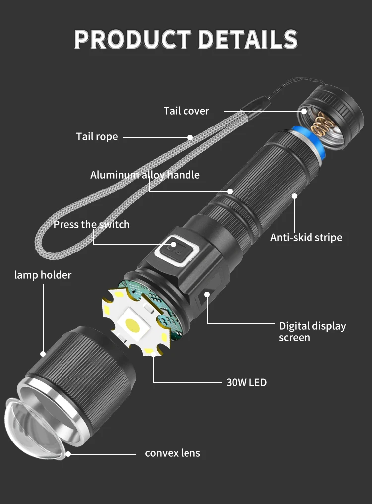 High Power 30W LED Rechargeable Flashlights - 10000 Hours