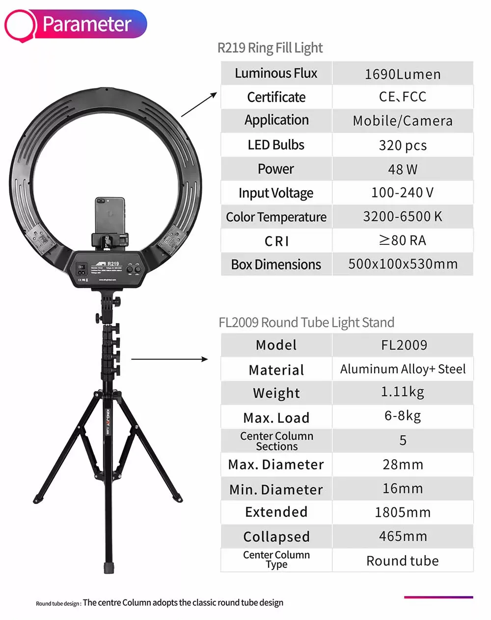 AFI R219 Photography Video Circle LED Ring Light for Makeup Camera