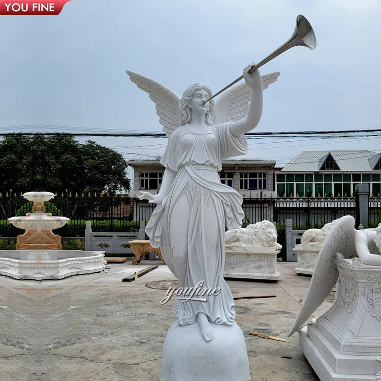 Natural Life Size White Marble Angel Wings Statue with Trumpet for ...