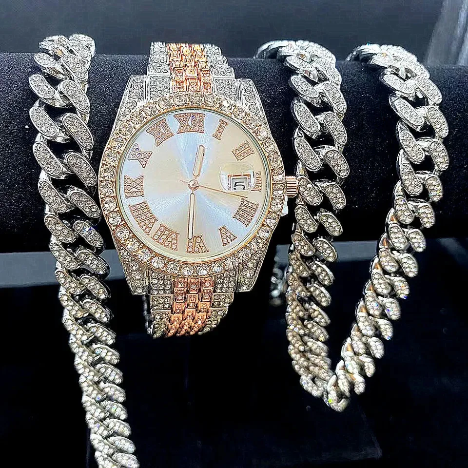 Full Iced Out Watches Men Wrist Luxury Watch Set Bling