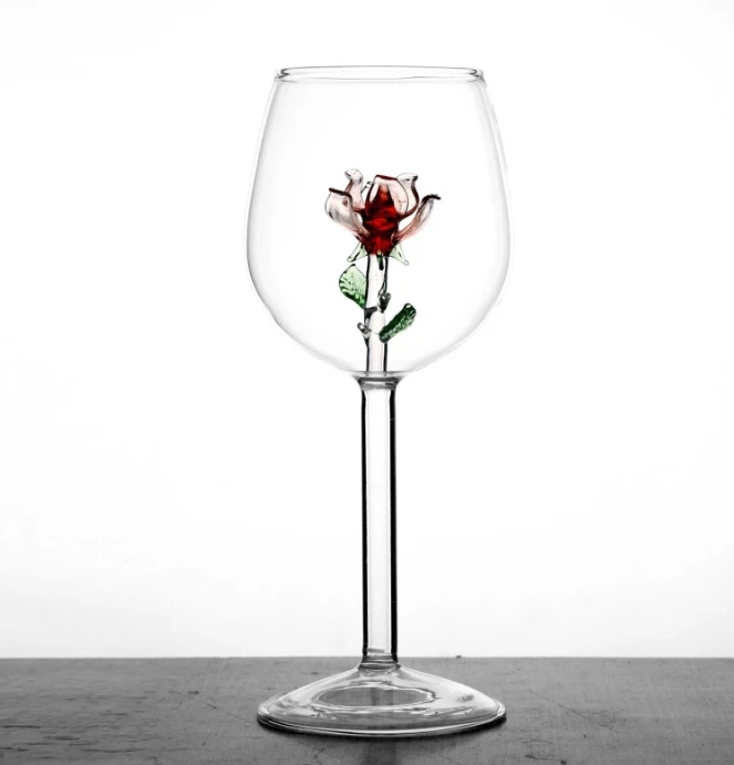 Champagne Flutes with Pink Rose Flower - Luxury Crystal Glasses