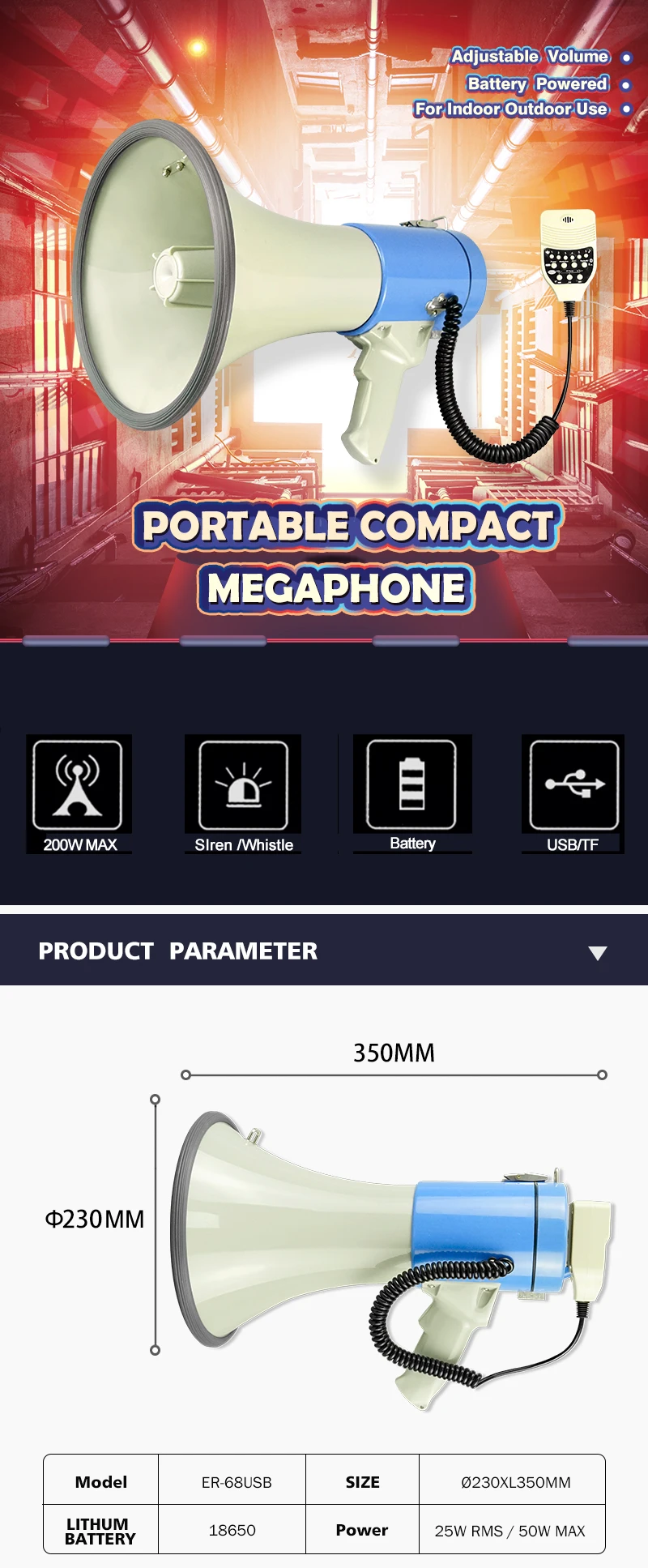 Abs 50w Rechargeable Talk Siren Megaphone 12V With Bt USB SD Plastic ...