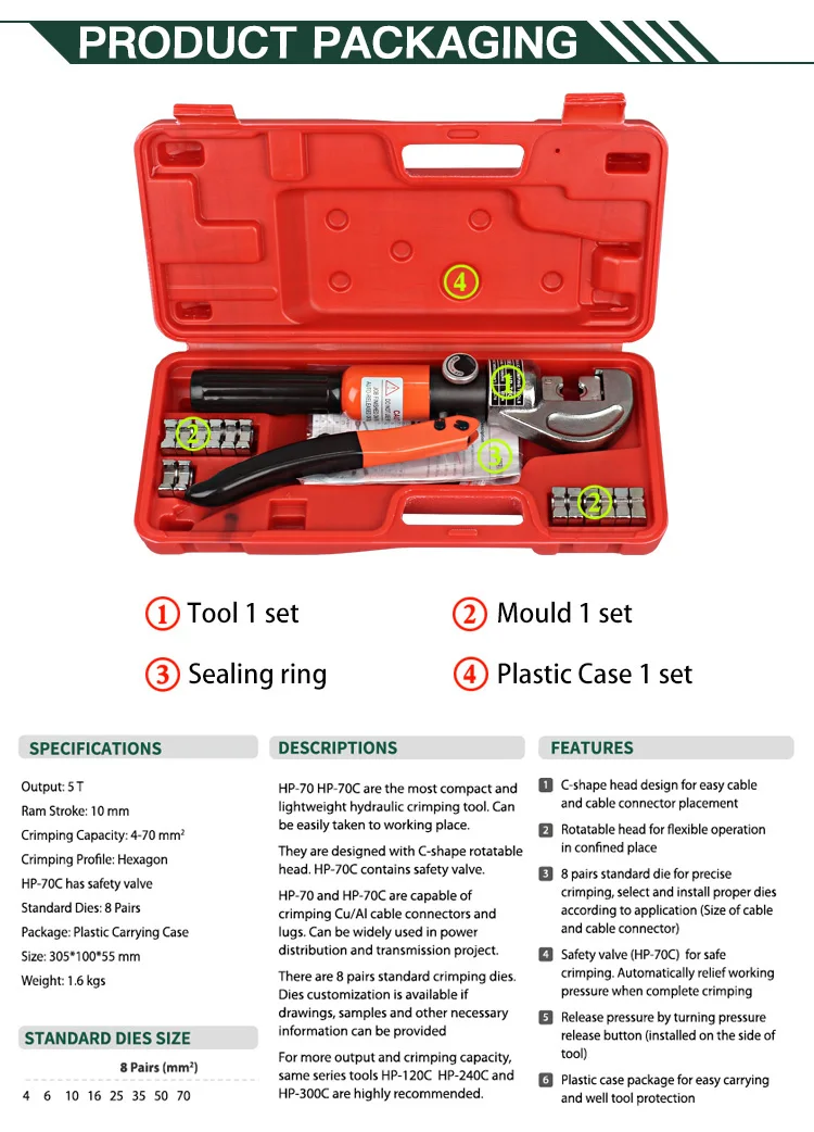Cable Connector Crimper Hp-70c Hydraulic Crimp Tool 4-70 Mm2 - Buy ...