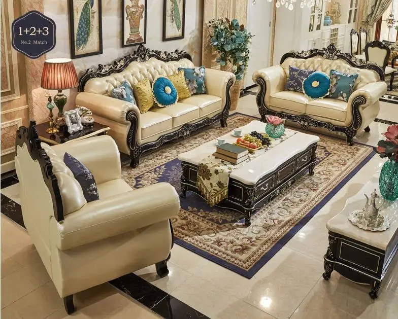 Luxury European Genuine Leather Sofa Set for Hotels & Villas