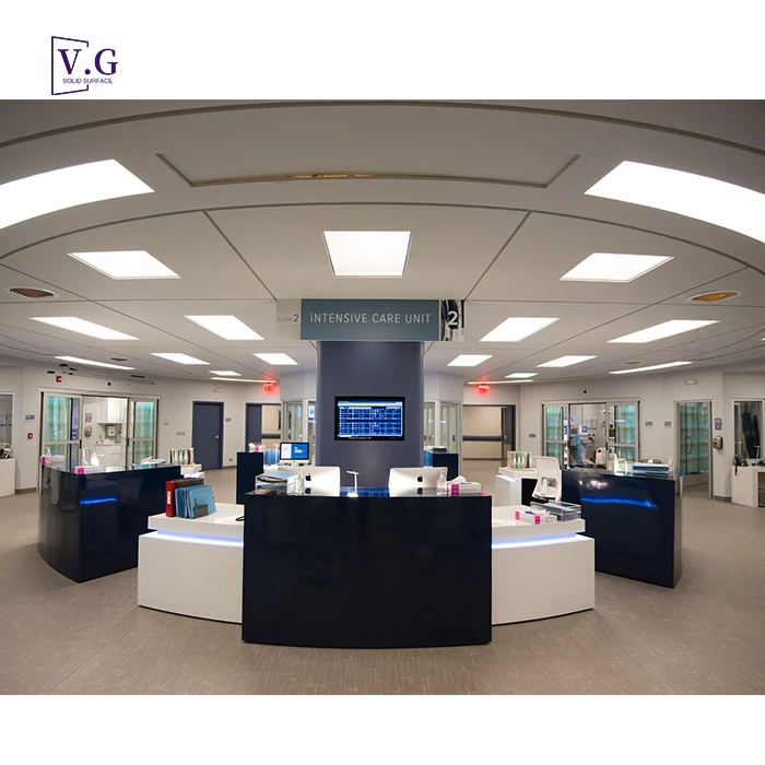 Custom Modern Hospital Reception Desk With Display Black Solid Surface ...