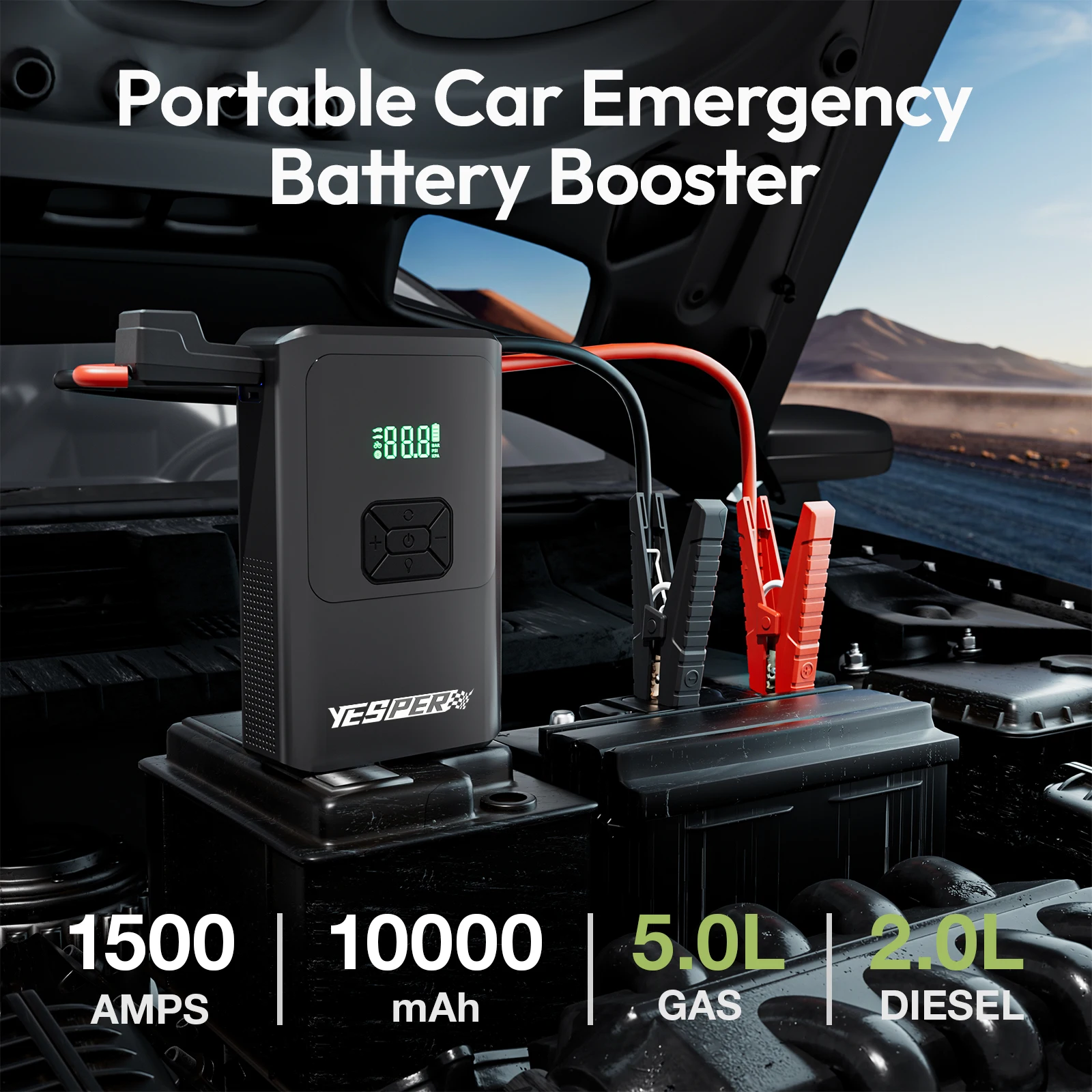 Yesper 1500A Car Jump Starter 10000mAh Battery with Air Compressor 12V ...