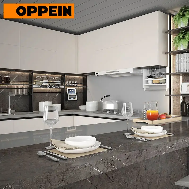 Oppein Industrial Style Stone Texture And Pearl White Kitchen Cabinets - Buy Industrial Kitchen ...