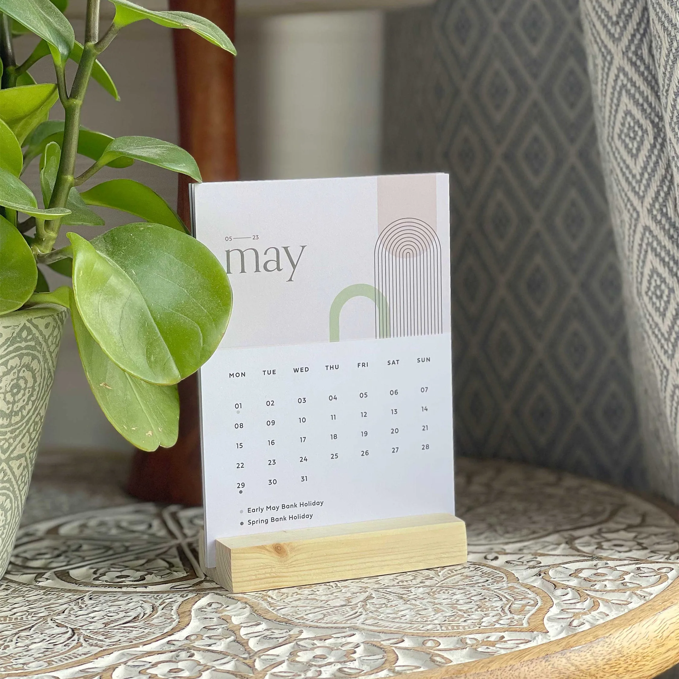 Desk Table Calendar Card with Wooden Stand - 2023/24