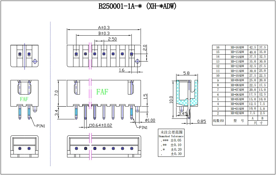 FAF XH Series 2.5mm Pitch Crimp Terminal Connector, Nylon 66 & Phosphor ...