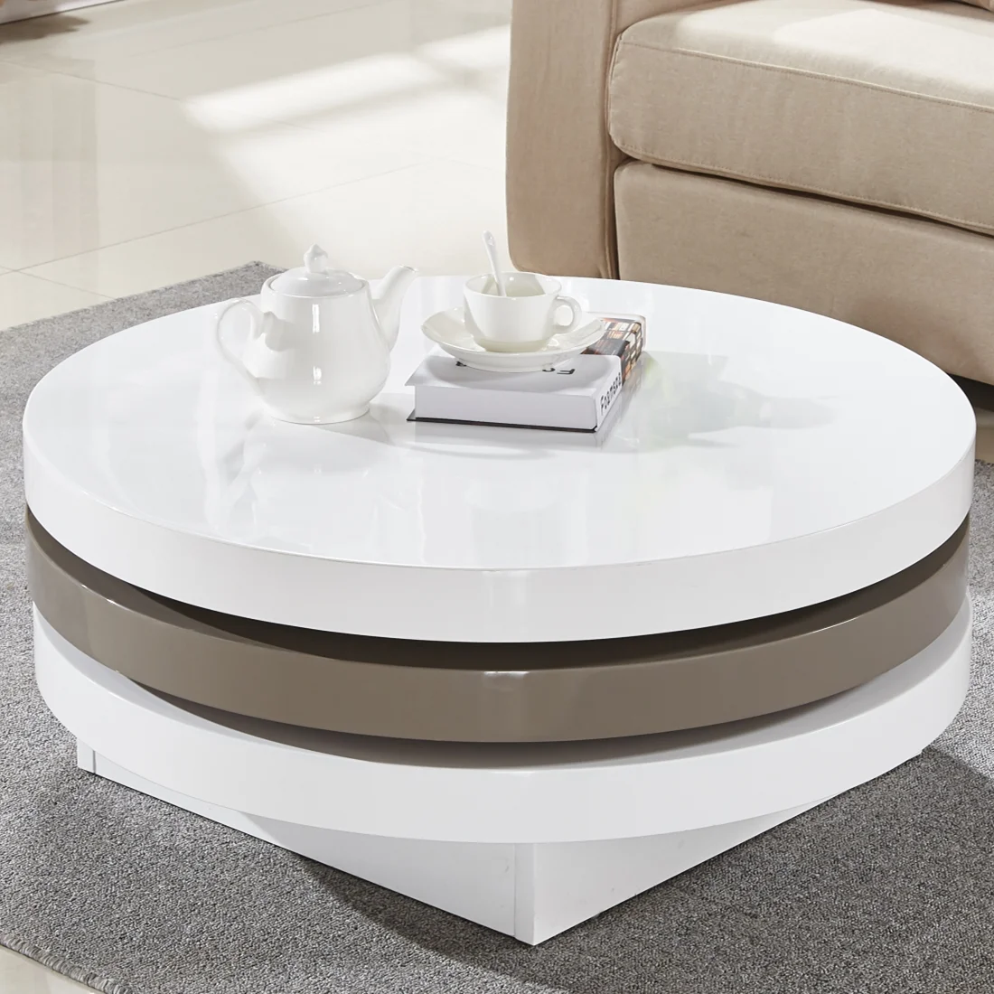 Hot Seller White High Gloss Mdf Rotatable Modern Round Coffee Table ...