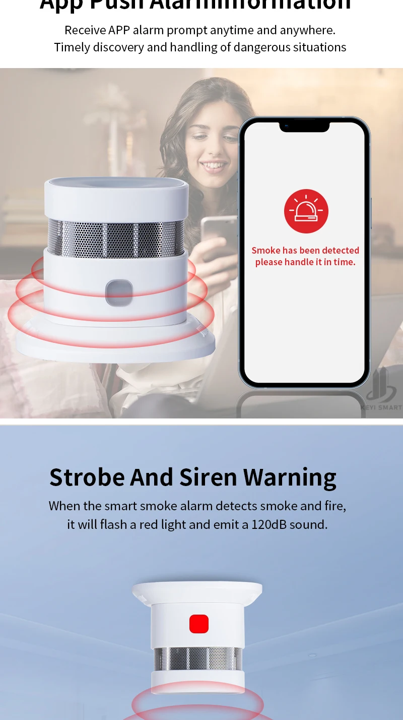 Smart Home Smoke Alarm Fire Sensor 10 Years Battery Life Smart Smoke Detector Security Alarms ...