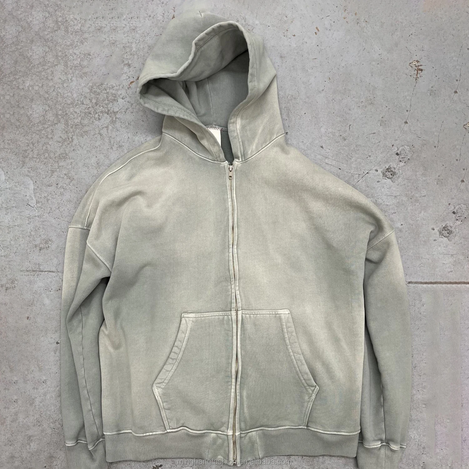 Custom Men Streetwear Distressed Hoodie No String Fleece Blank Zip Up Vintage Double Layer Acid ...