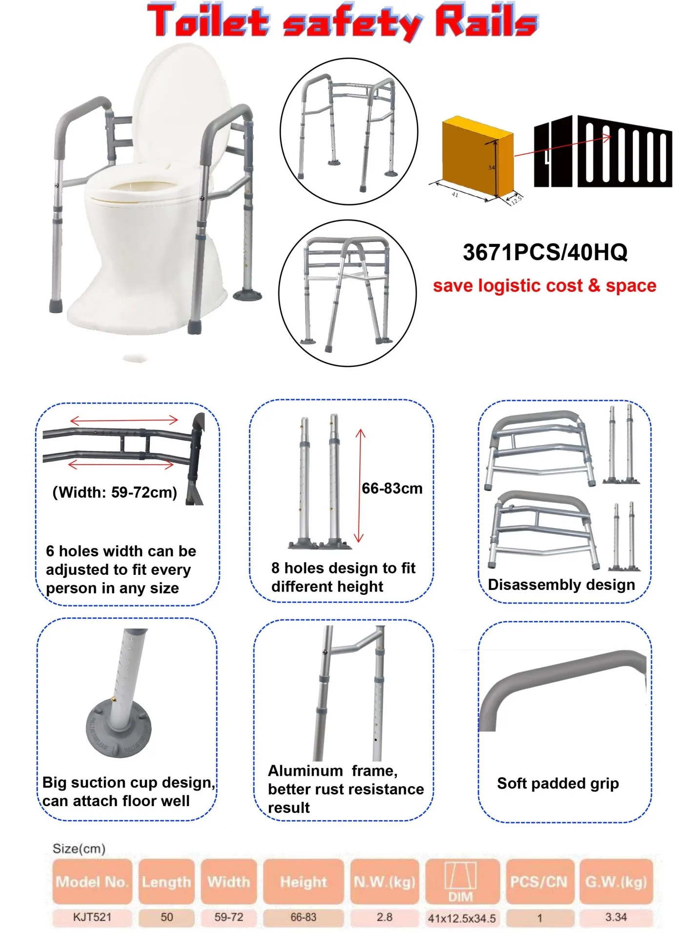 Foldable Bathroom Commode Toilet Safety Frame Rails Height Adjustable ...