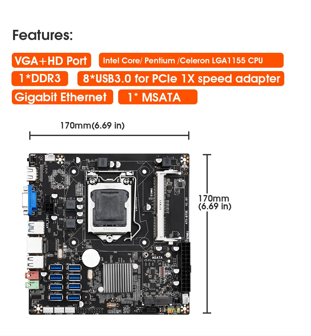 8 GPU Motherboard ATX-B75E USB3.0 to PCI-E 16X Gaming Mainboard