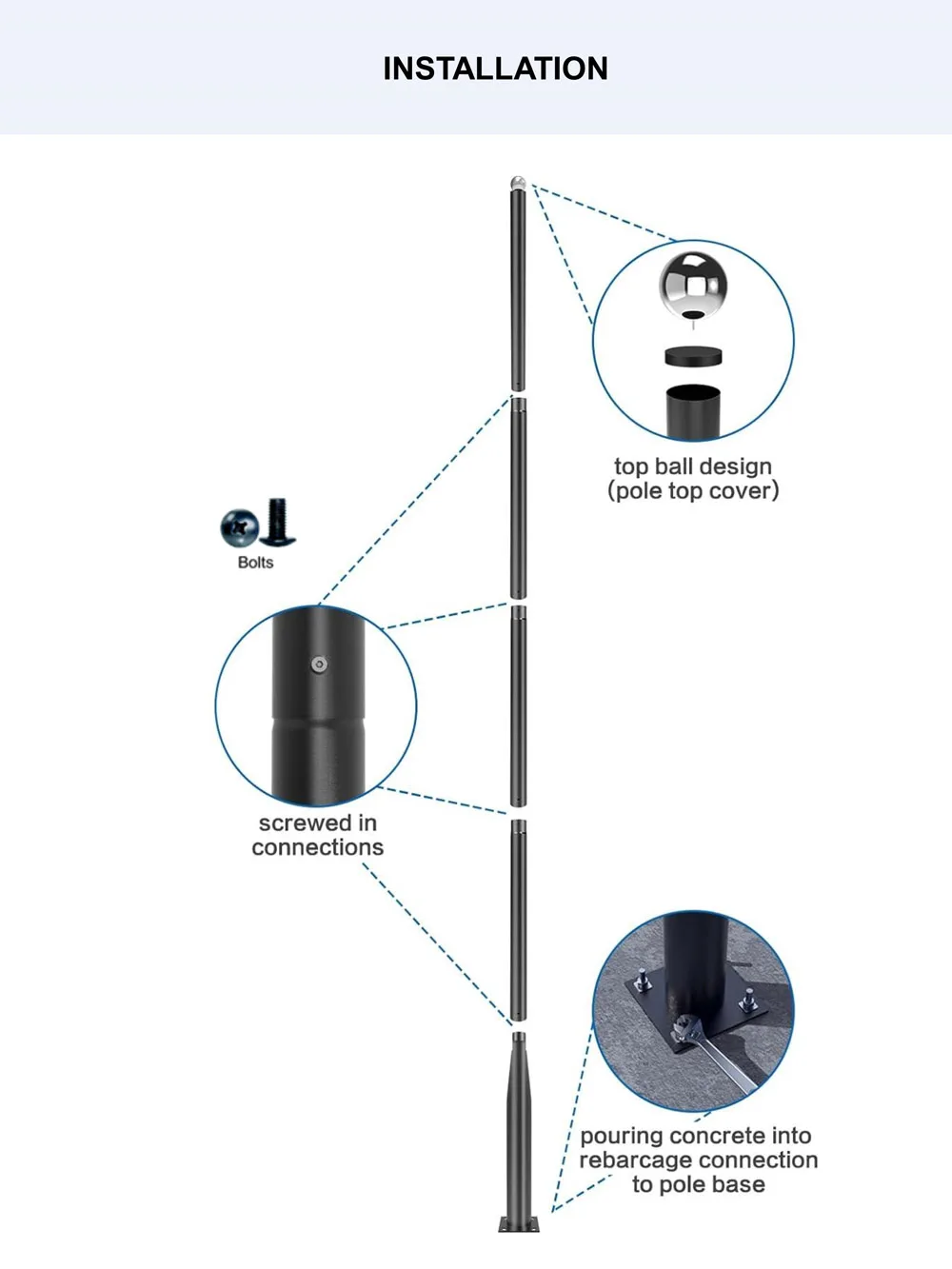 3M 4M 5M 6M Split Solar Light Pole Steel Galvanized Lamp Post Garden Pole in 3 Pieces| Alibaba.com