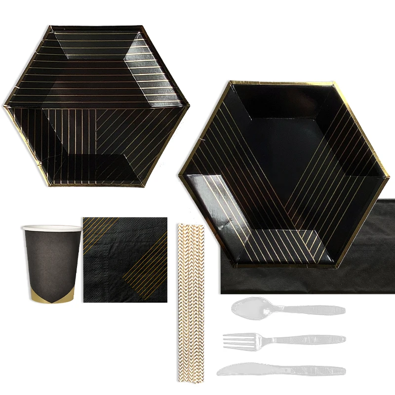 Partybus Gold Stripe Black Paper Plate/ Cup/ Napkin Disposable ...
