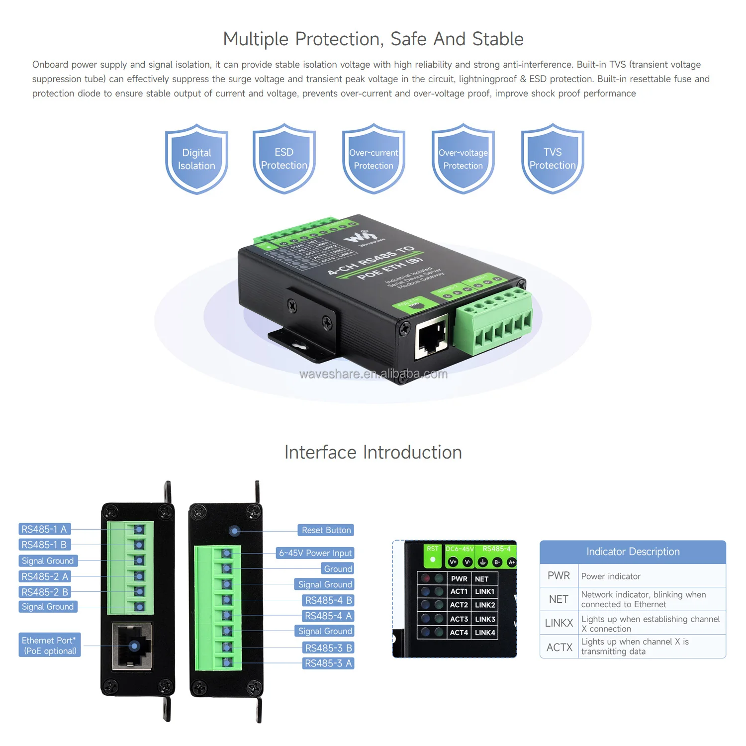 4-ch RS485 to RJ45 Ethernet Serial Server - Independent Operation
