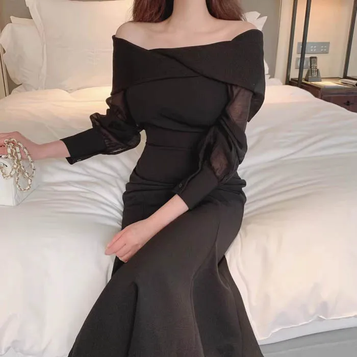 L662 New 2024 Korean Stylish Solid Color Slash Neck Long Sleeve Slim Waist Elegant Dress Women ...
