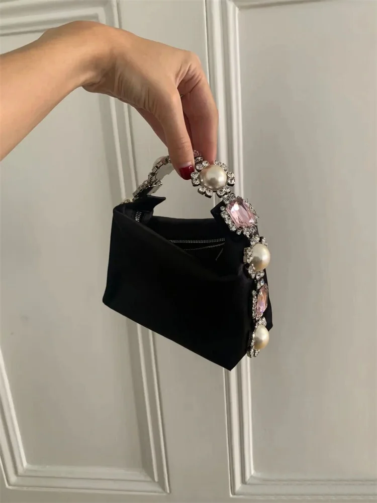 Luxury Diamond Pearl Satin Clutch Black Small Trendy Dinner Bags ...