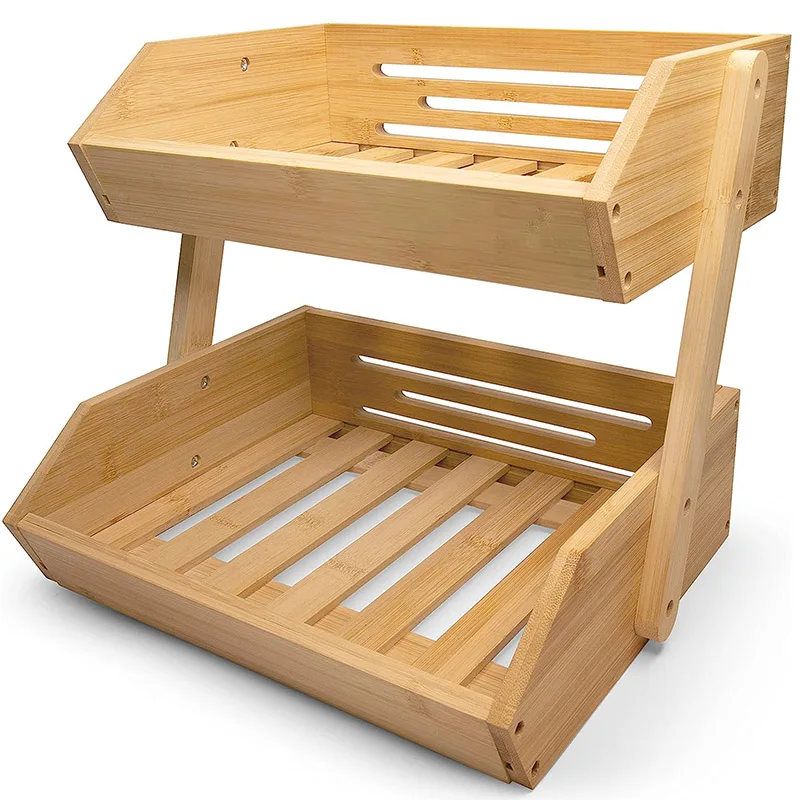 2 Tier Bamboo Stackable Storage Bins, Bamboo Fruit Basket Large ...