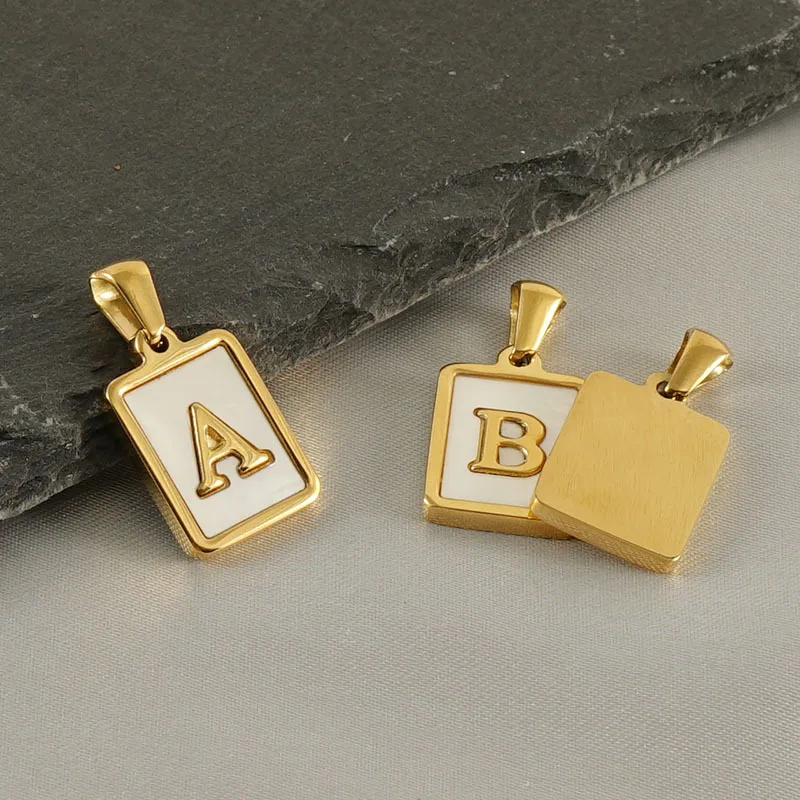 Stainless Steel Gold Initial Letter Square Shell Pendant Charm A-Z 26 ...
