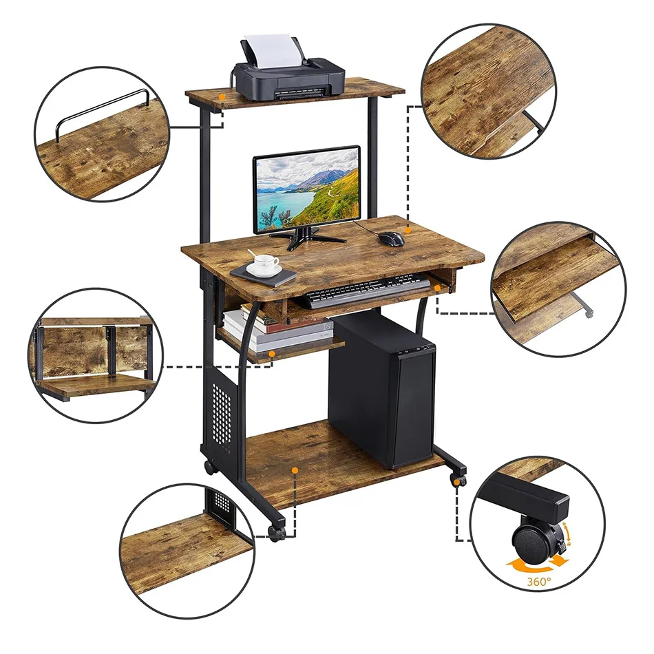 Modern Design Bedroom Office Computer Desk With 3 Storage Shelves Black ...