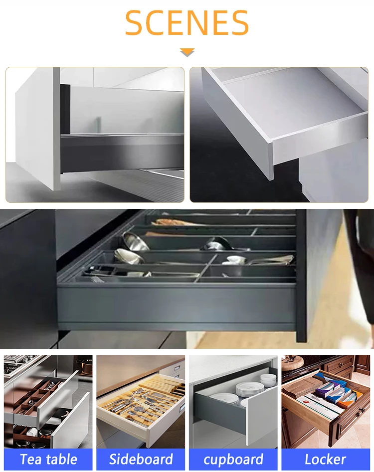 Hoone Grey Color Hidden Metal Box Soft Close Telescopic Drawer Slide Kitchen Double Wall Drawer ...