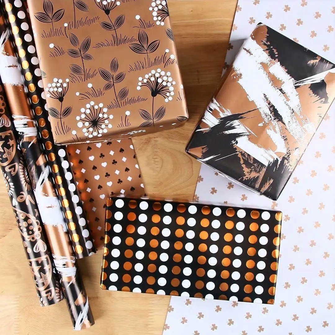 Black Gold Gift Wrapping Paper Reversible Gift Wrap Floral Metallic ...