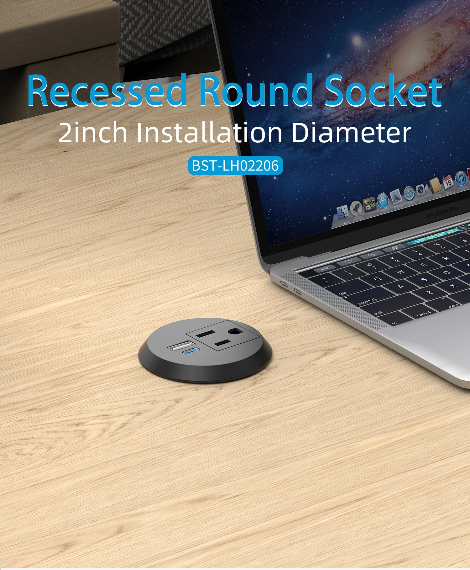 American Embedded Round Desktop Socket Grommet 1AC Socket and 2-USB ...