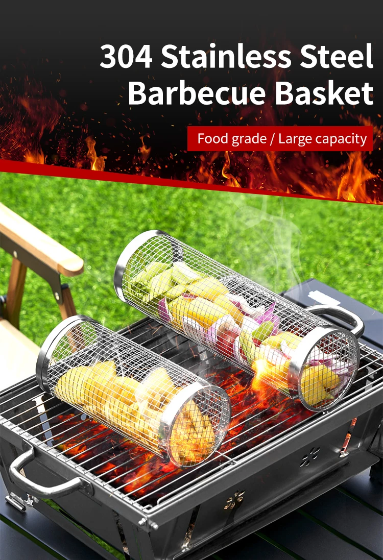 Portable Bbq Net Tube Barbecue Tube Rolling Grilling Stainless Steel ...
