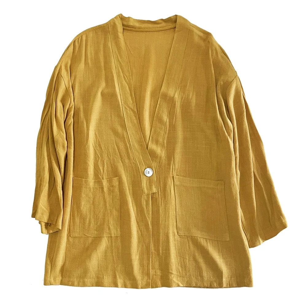 Custom Cotton/linen Fabric Three Quarter Sleeve Women's Casual Coat Fashion Vintage V-neck ...