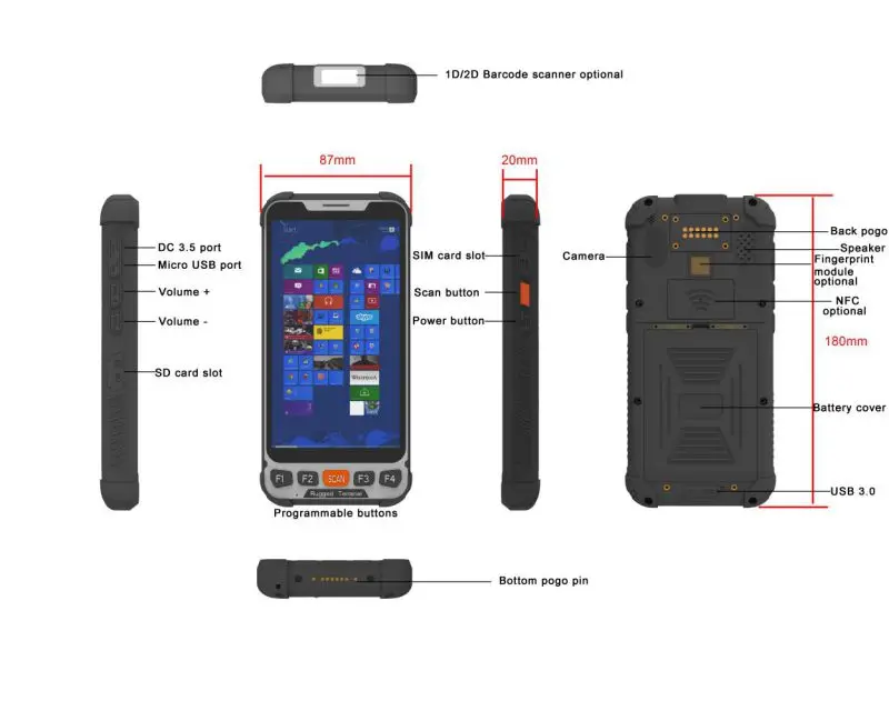 High Performance Mobile PDA - Windows 10 4G+64G GPS NFC